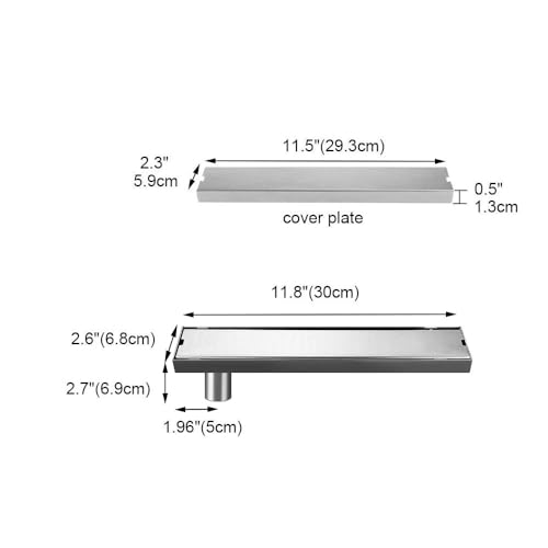 TSHH 12 inch Linear Shower Drain with Plate Cover or Tile Insert,Rectangle Shower Floor Drain Offset Side Outlet Stainless Steel Brushed Finish,11.8x4.3 Inch