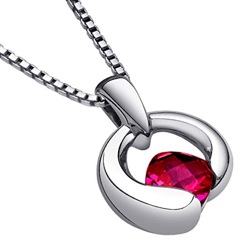 PEORA Created Ruby Pendant Necklace for Women Sterling Silver, Floating Orbit Solitaire, 1.25 Carats Cushion Cut 6mm, with 18 inch Italian Chain