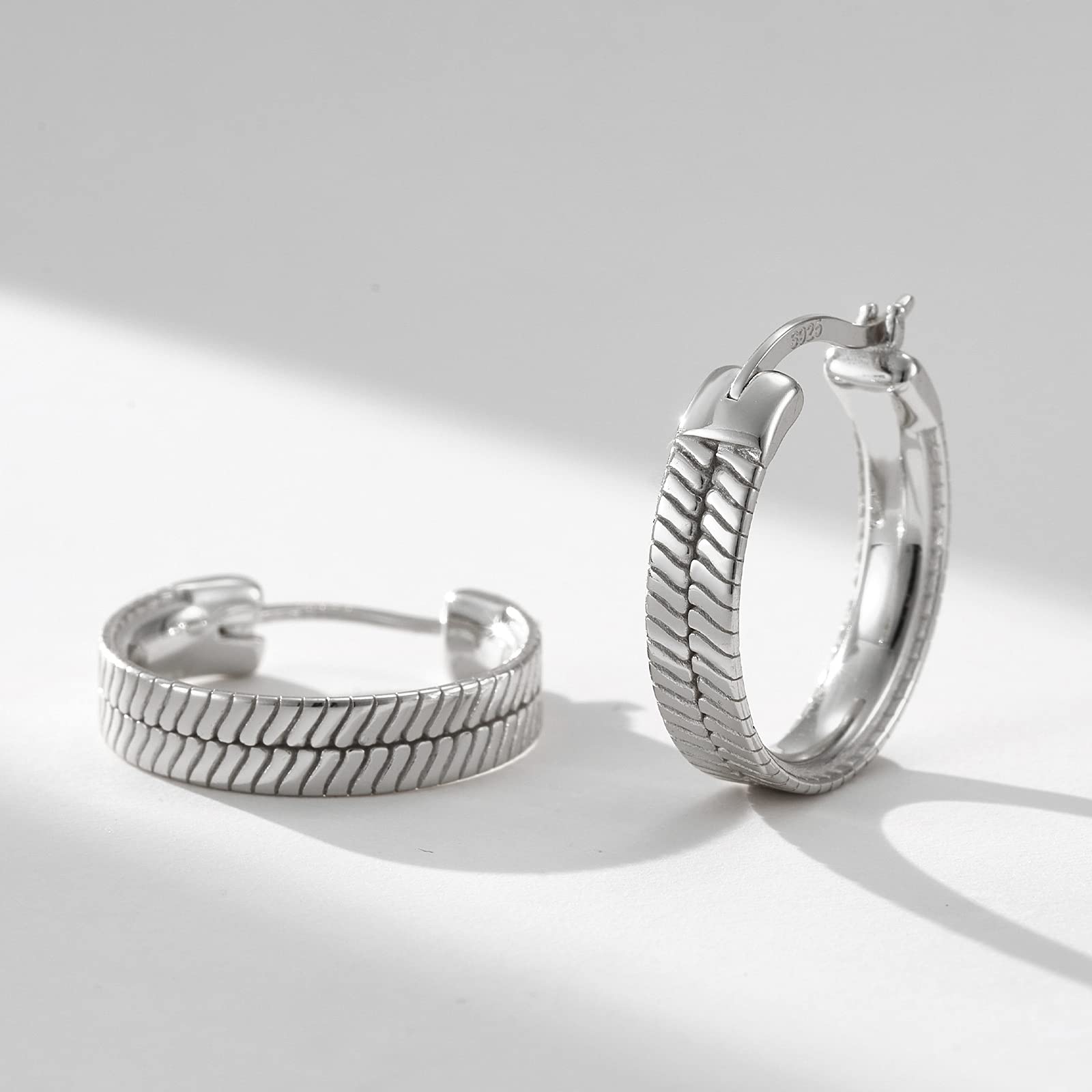 SWEETV 925 Sterling Silver Hoop Earrings for Women 20mm Medium Texture Chunky Hoops