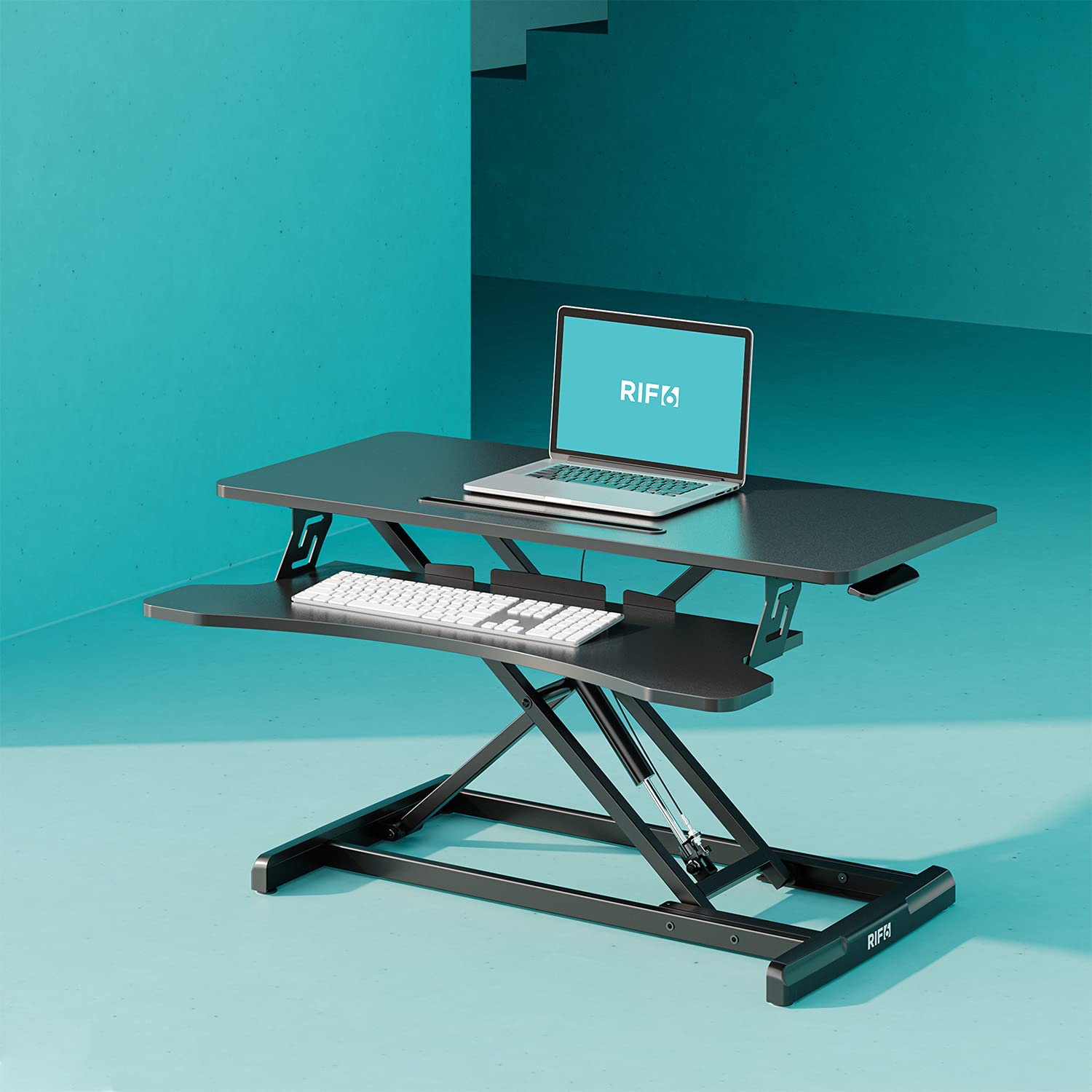 RIF6 34 Inch Convertible Standing Desk – Desk Riser with Customizable Height Settings – Sit to Stand with Spring Assisted Handle – Comes with Tablet and Phone Holder – Black