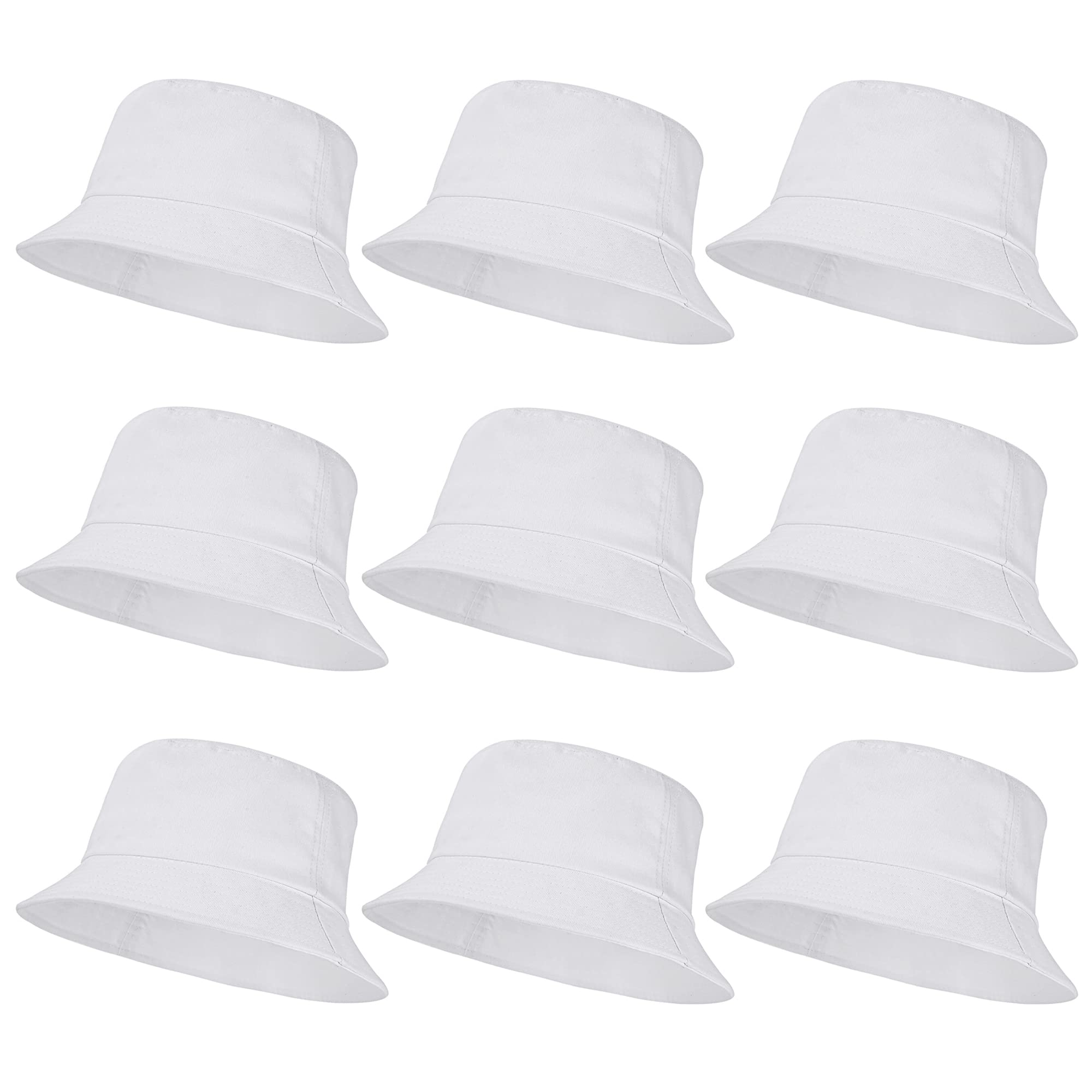 Women Men Bucket Hat Unisex Packable Cotton Sun Hat Plain Colors 9 Pack (9 Pack White)