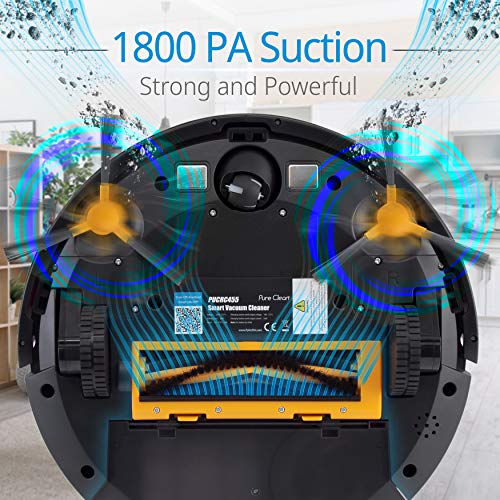 Pure Clean Robotic Vacuum Cleaner - 1100Pa Suction - Wifi Mobile App and Gyroscope Mapping - Ultra Thin 2.9β Height Cleans Carpets and Hardwood Floor - PUCRC455