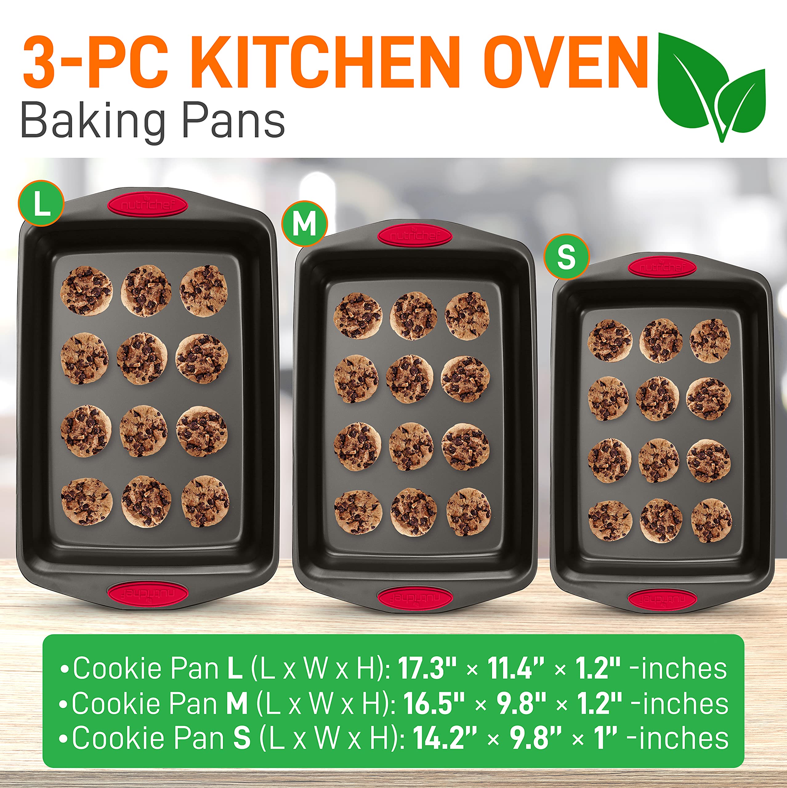 NutriChef 3-Piece Baking Pan Set - Premium Nonstick Carbon Steel Bakeware w/ Silicone Handles - Includes Large, Medium, & Small Pans for Baking & Roasting - PFOA, PFOS, PTFE Free - Gold