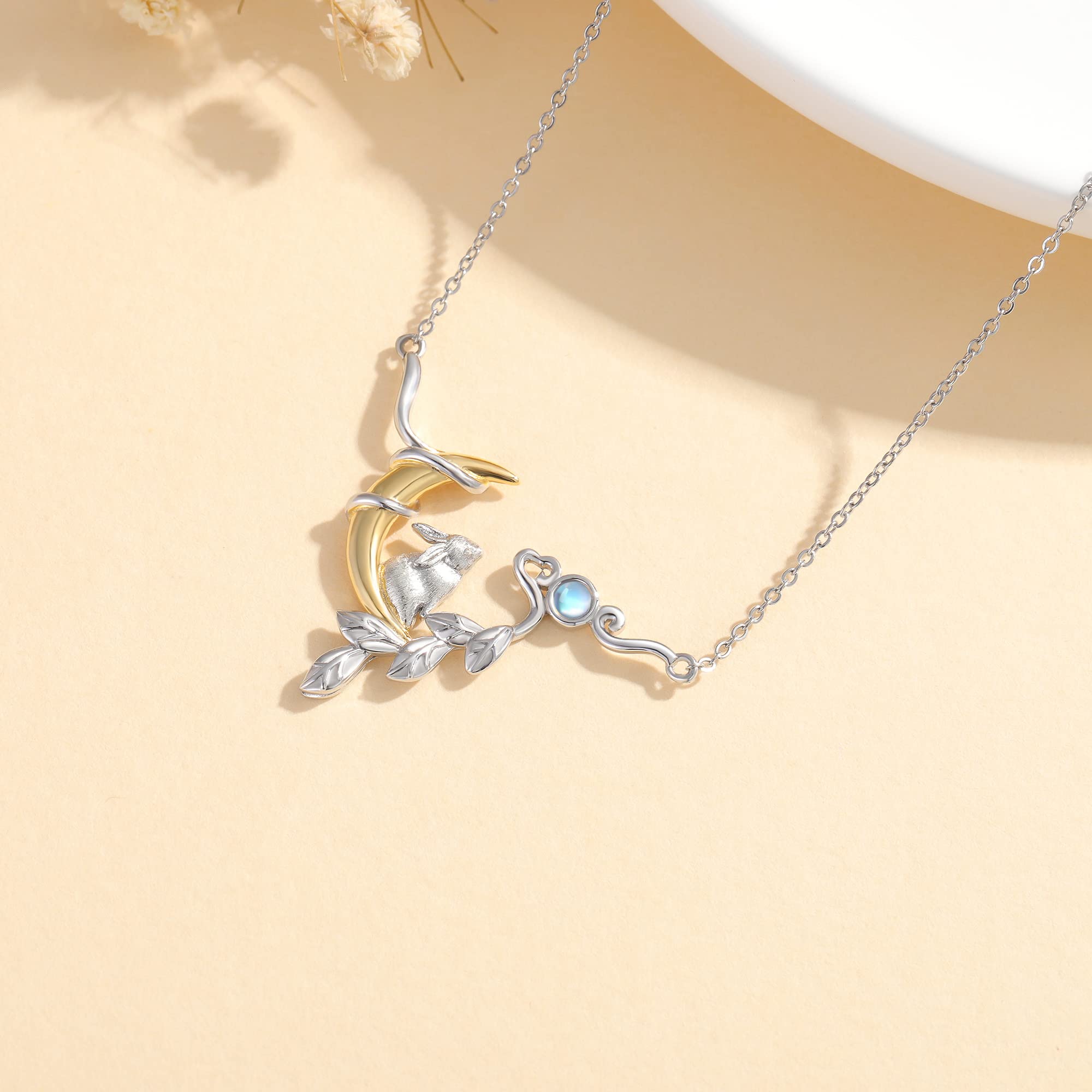 YAFEINI Bunny Necklace Sterling Silver Moon Rabbit Pendant Bunny Jewelry Gifts for Mum Women