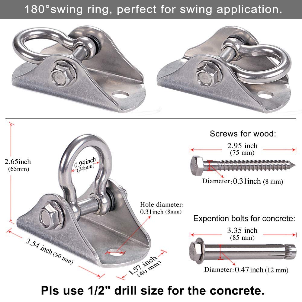 SELEWARE Heavy Duty Swing Hangers Stainless Steel Swing Hooks Ceiling Mount Swing Hardware for Porch Swing Set Hammock Chair Heavy Bag Yoga Silk 2 Pack