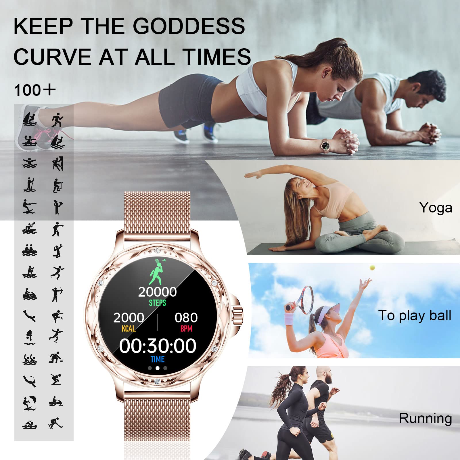 wonlex Smart Watch for Women, 1.36" Touch Screen Smartwatch with Heart Rate, IP67 Waterproof Activity Tracker, Fitness Watch for Android and iOS (Gold)