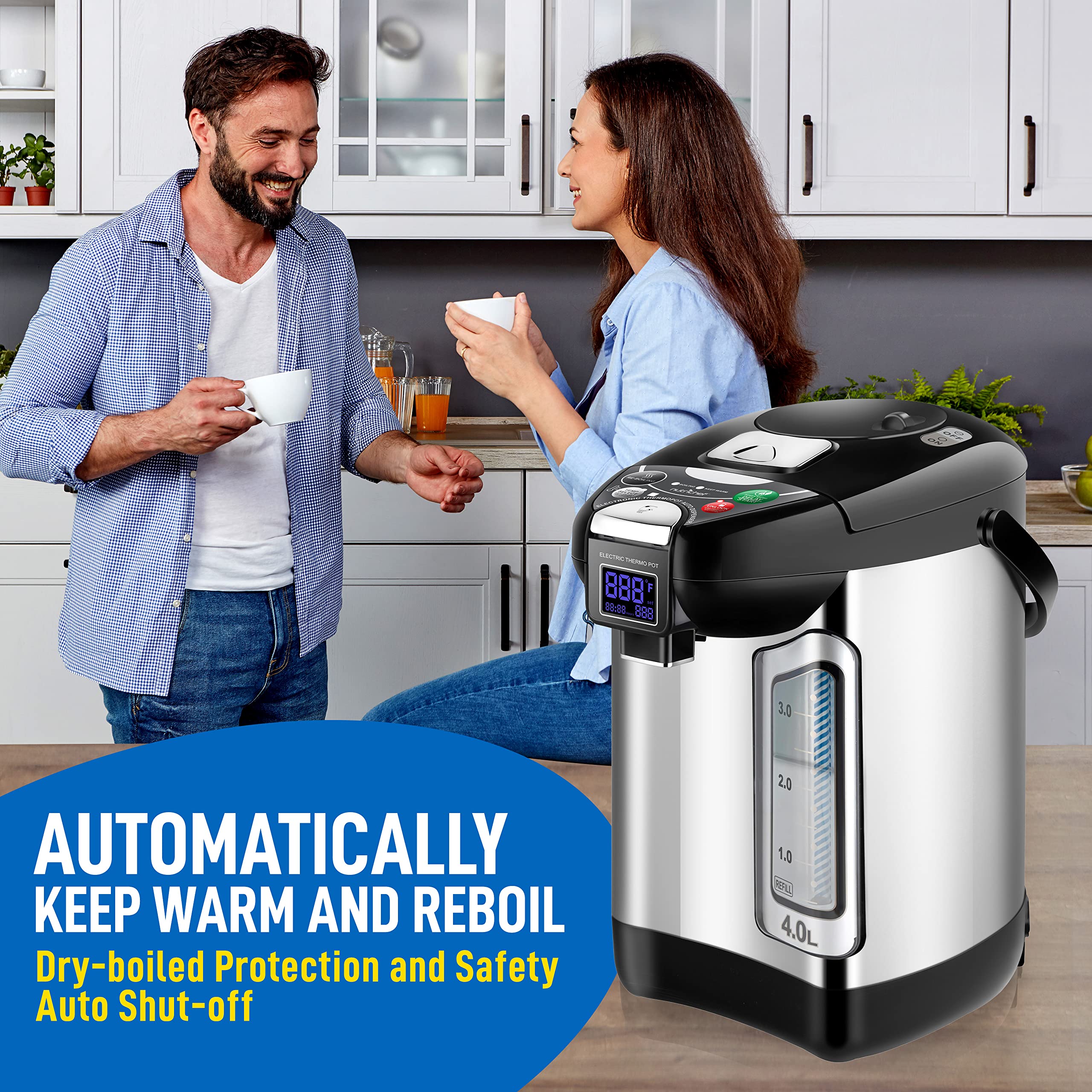 NutriChef Digital Water Boiler and Warmer - 3L/3.17 Qt Stainless Electric Hot Water Dispenser w/ LCD Display, Rotating Base, Keep Warm, Auto Shut Off, Safety Lock, Instant Heating for Coffee & Tea