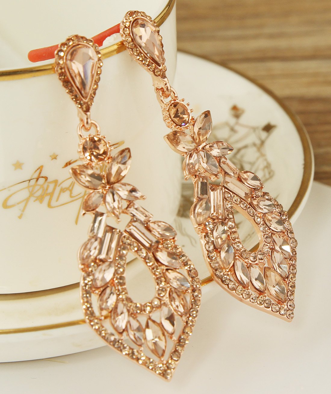 NLCAC Pear Shape Crystal Dangle Earrings Pierced Marquise Cluster Ear Drop Wedding Jewelry Rose Gold
