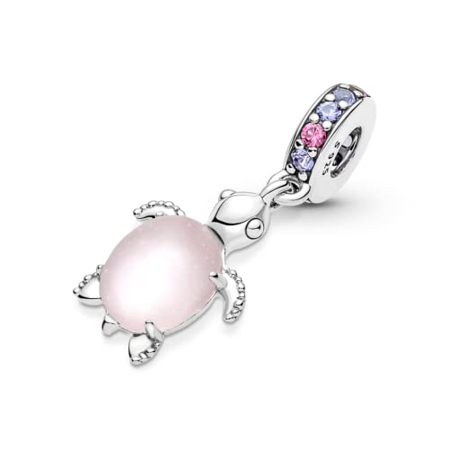 The Charm Box Sea Turtle Dangle Charm, Cute Marine Animal Beaded Charm, Two Pink Murano Glass Charm for Bracelets and Necklaces, Sterling Silver Bead