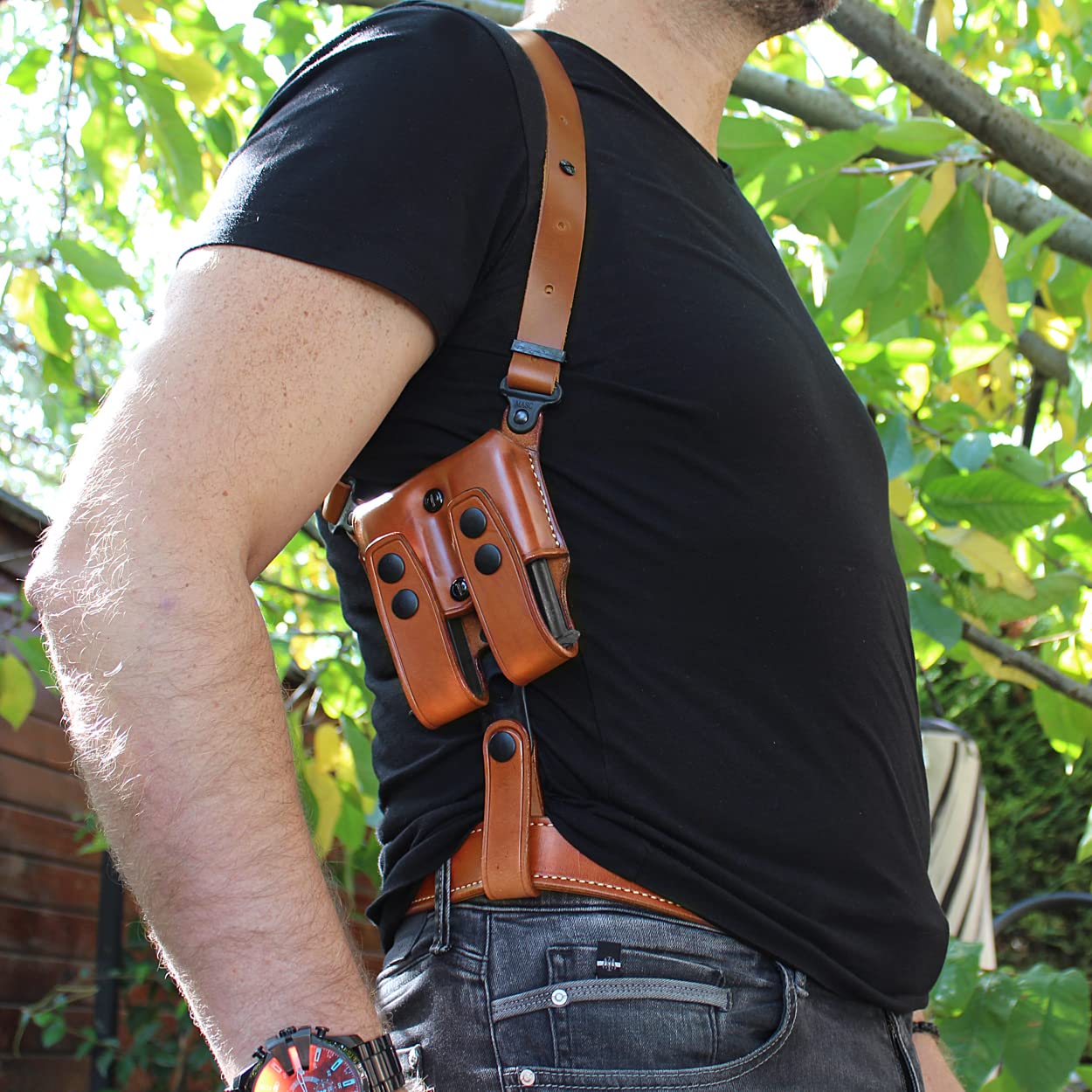 Premium Leather Vertical Shoulder Holster System with Double Magazine Carrier Fits Standart 1911 5'' BBL Colt, Kimber, para, Springfieldd, R/H Draw Brown Color