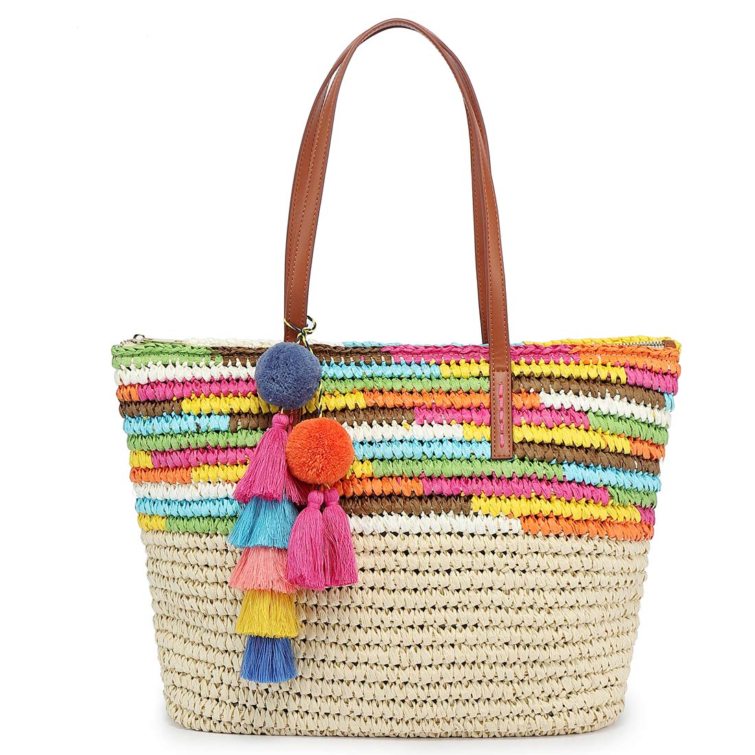 SkiPack Multi Color Summer Straw Zipper Tote Purse Large Beach Shoulder Bag with Pom Pom and Tassel (Beige)