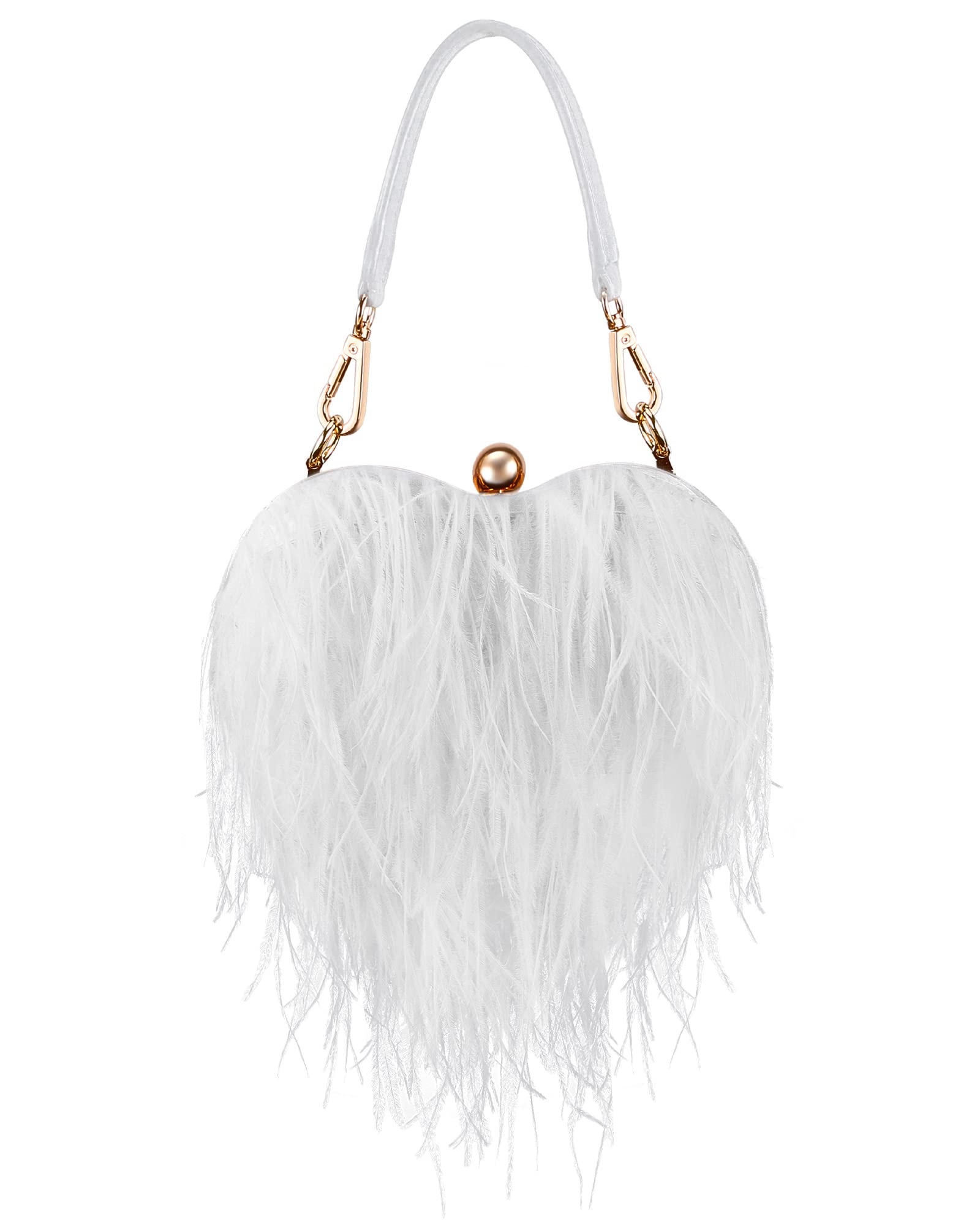 Women Ostrich Feather Tote Bag Heart Shaped Fluffy Purse Clutch Feather Purse Feather Evening Handbag for Wedding Party(White)