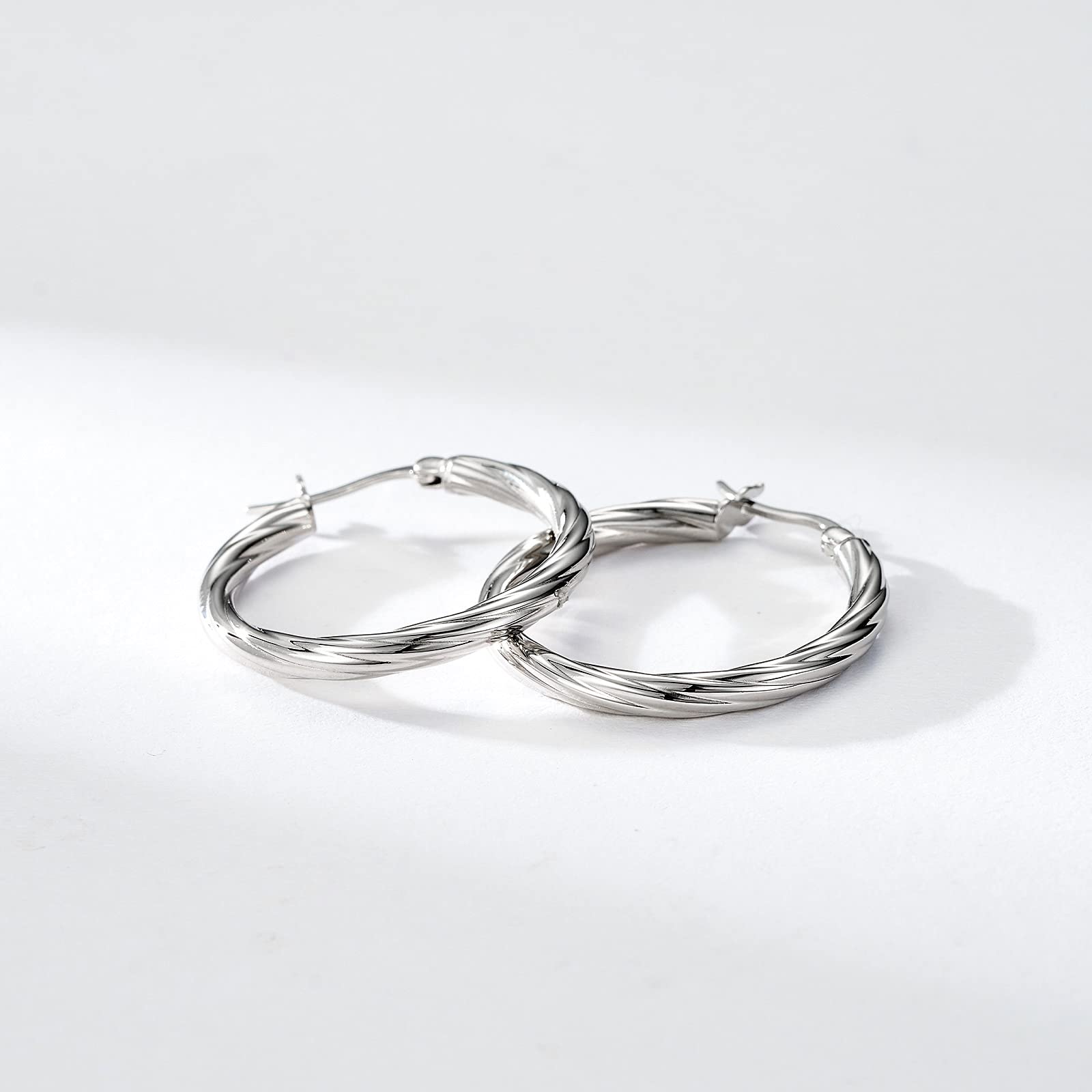 SWEETV 925 Sterling Silver Hoop Earrings for Women 25mm Medium Twisted Hypoallergenic Hoops Round Click-Top