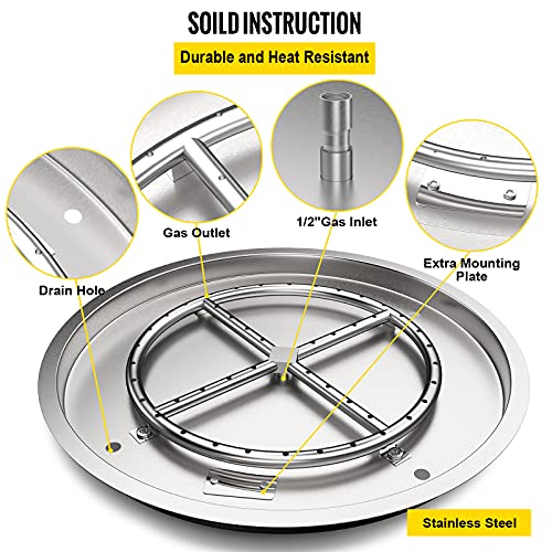 VEVOR Drop in Fire Pit Pan, 19" x 19" Round Fire Pit Burner, Stainless Steel Gas Fire Pan, Fire Pit Burner Pan w/ 1 Pack Volcanic Rock Fire Pit Insert w/ 90K BTU for Keeping Warm w/Family & Friends