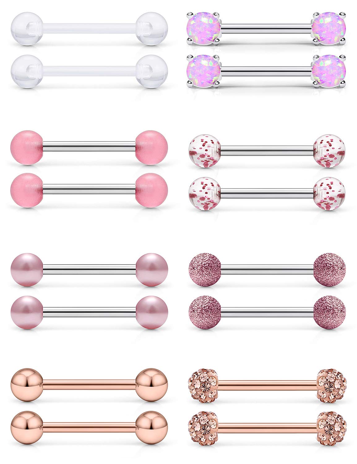Prjndjw 16PCS 14G Nipple Rings Surgical Steel Tongue Rings Barbell Nipplering Diamond CZ Piercing Jewelry Retainer for Women Men 14mm Length Rose Gold Pink