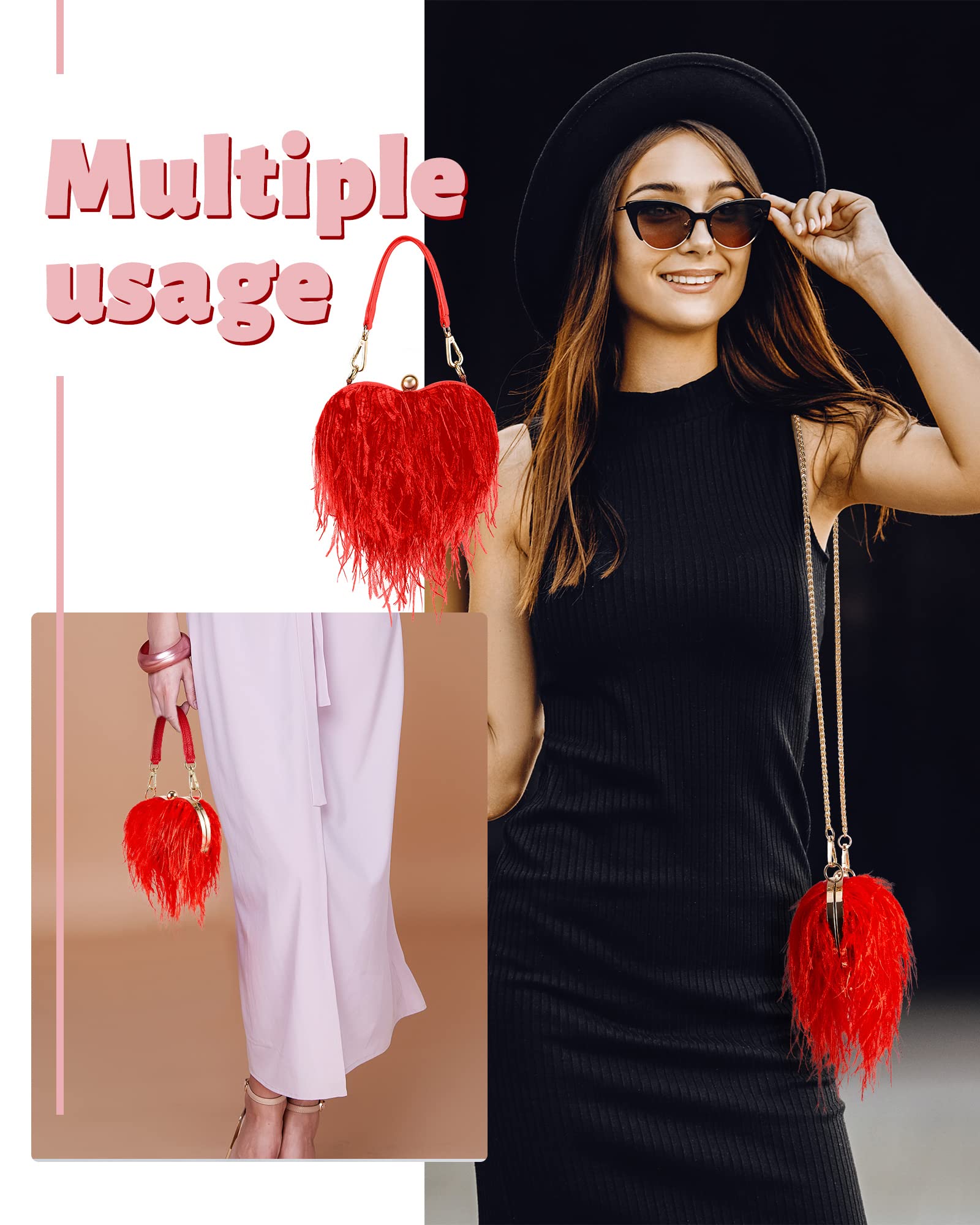 Women Ostrich Feather Tote Bag Heart Shaped Fluffy Purse Clutch Feather Purse Feather Evening Handbag for Wedding Party(Red)