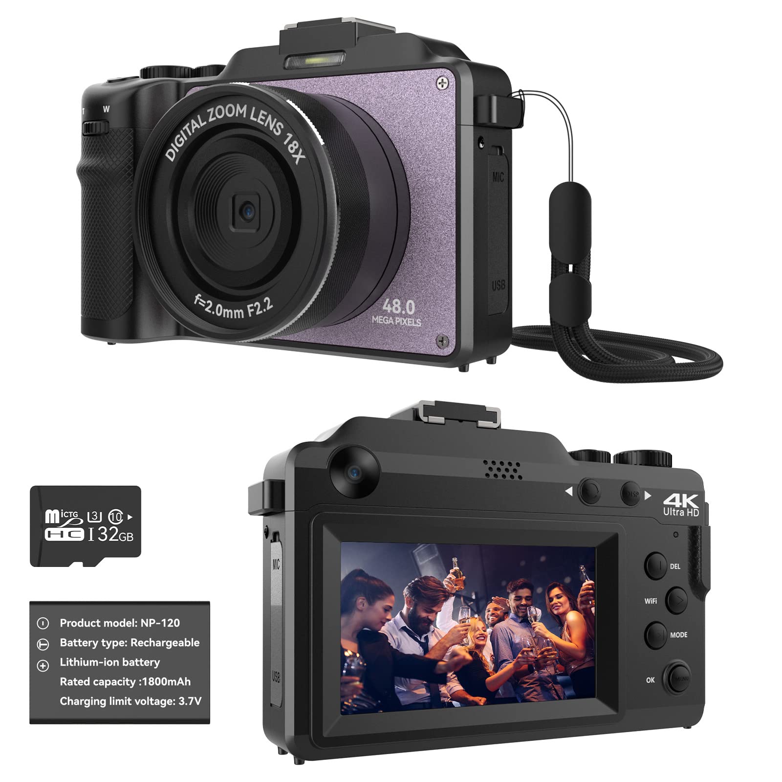 OIEXI 48MP Camera for Photography,4K Digital Camera for Kids and Adults with Front and Rear Dual Cameras,18X Digital Zoom,Built-in 7 Color Filters,32GB TF Card,Rechargeable Battery(Lilac Violet)