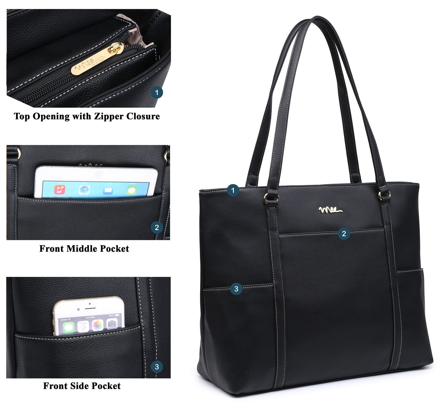 NNEE Classic Laptop Leather Tote Bag for 15 15.6 inch Notebook Computers Travel Carrying Bag with Smart Trolley Strap Design - Black