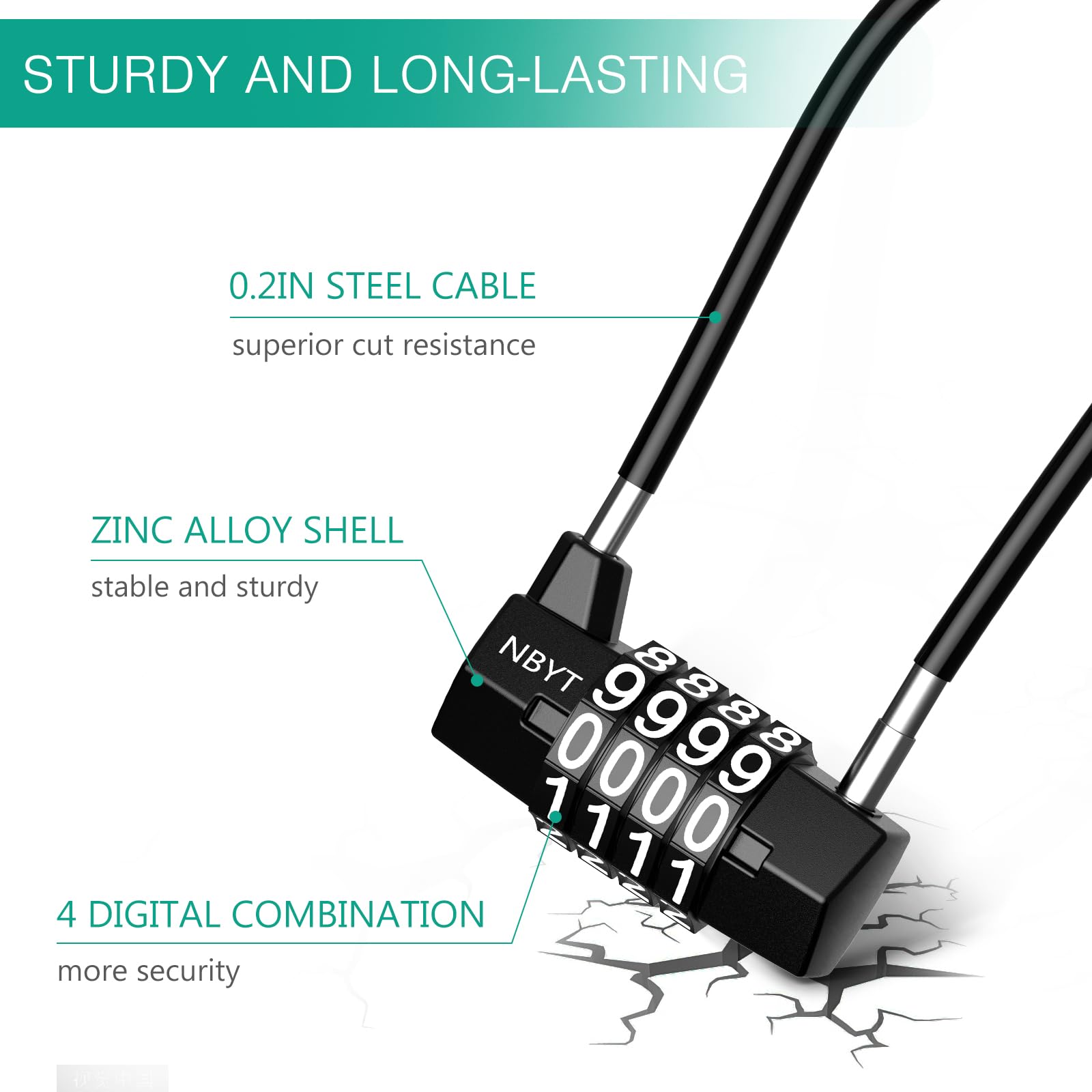 ORIA Cable Locks with Combination, 4 Digit Combination Padlock, Long Shackle Lock, Flexible Steel Cable Rope, Cabinet Lock, School Locker, Black
