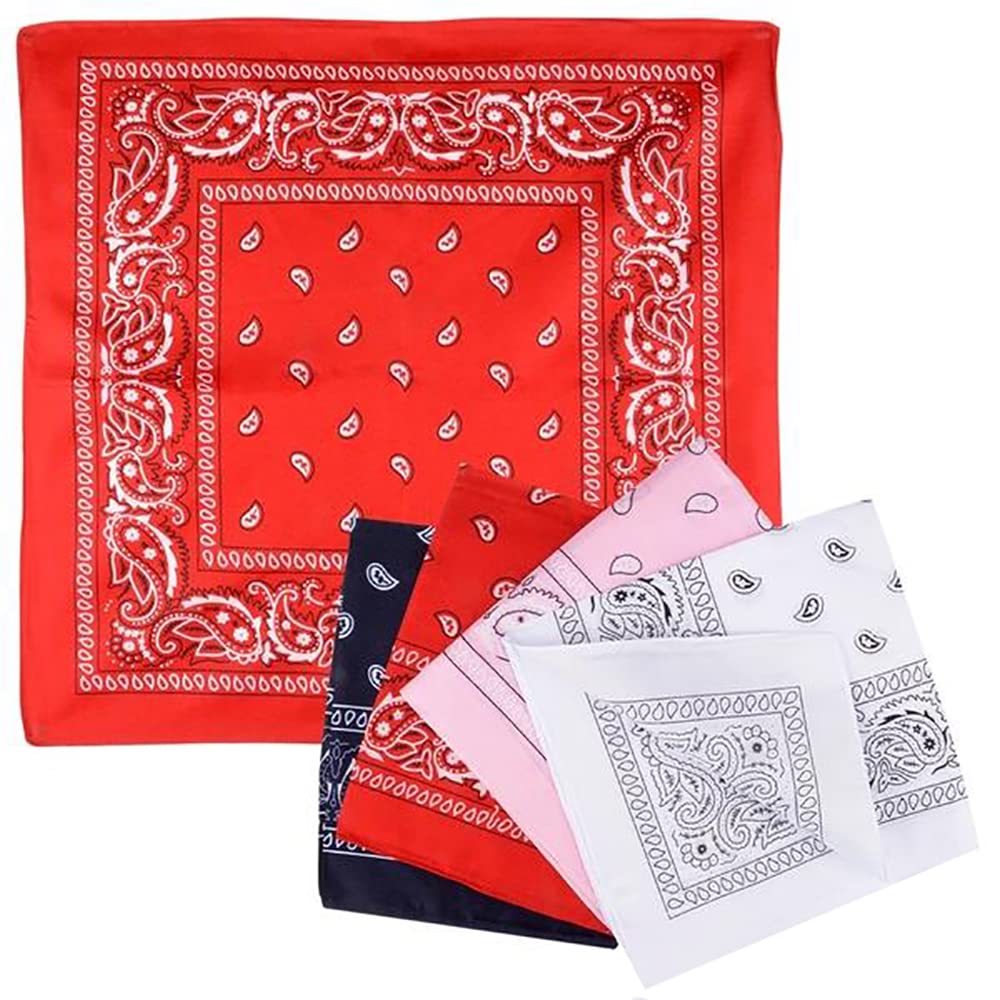 The Dreidel Company Classic Bandana Handkerchiefs, Southwestern Cowboy Design Fashion, Unisex Print Head Wrap, 19" (12-Pack, Red, Blue, Pink, White)