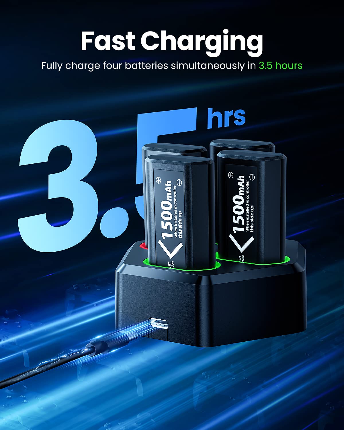 VOYEE Rechargeable Battery Pack for Xbox Controller, 4x1500mAh High Capacity Battery Charger Set USB C Charging Port Compatible with Xbox One/S/X/Elite/Series X|S (Black)