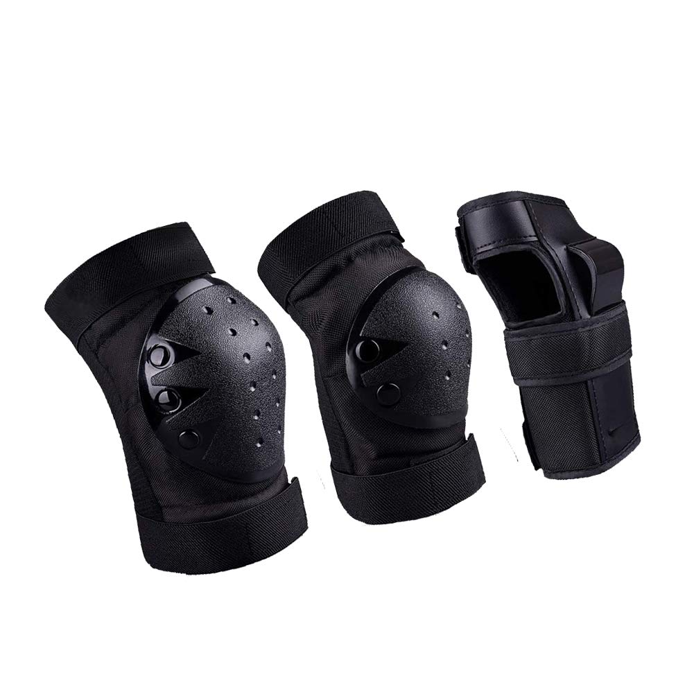 QiSa Adult/Child Knee Pads Elbow Pads Wrist Guards 3 in 1 Protective Gear Set for Skateboarding, Roller Skating, Rollerblading, Snowboarding, Cycling (BLACK, Large)