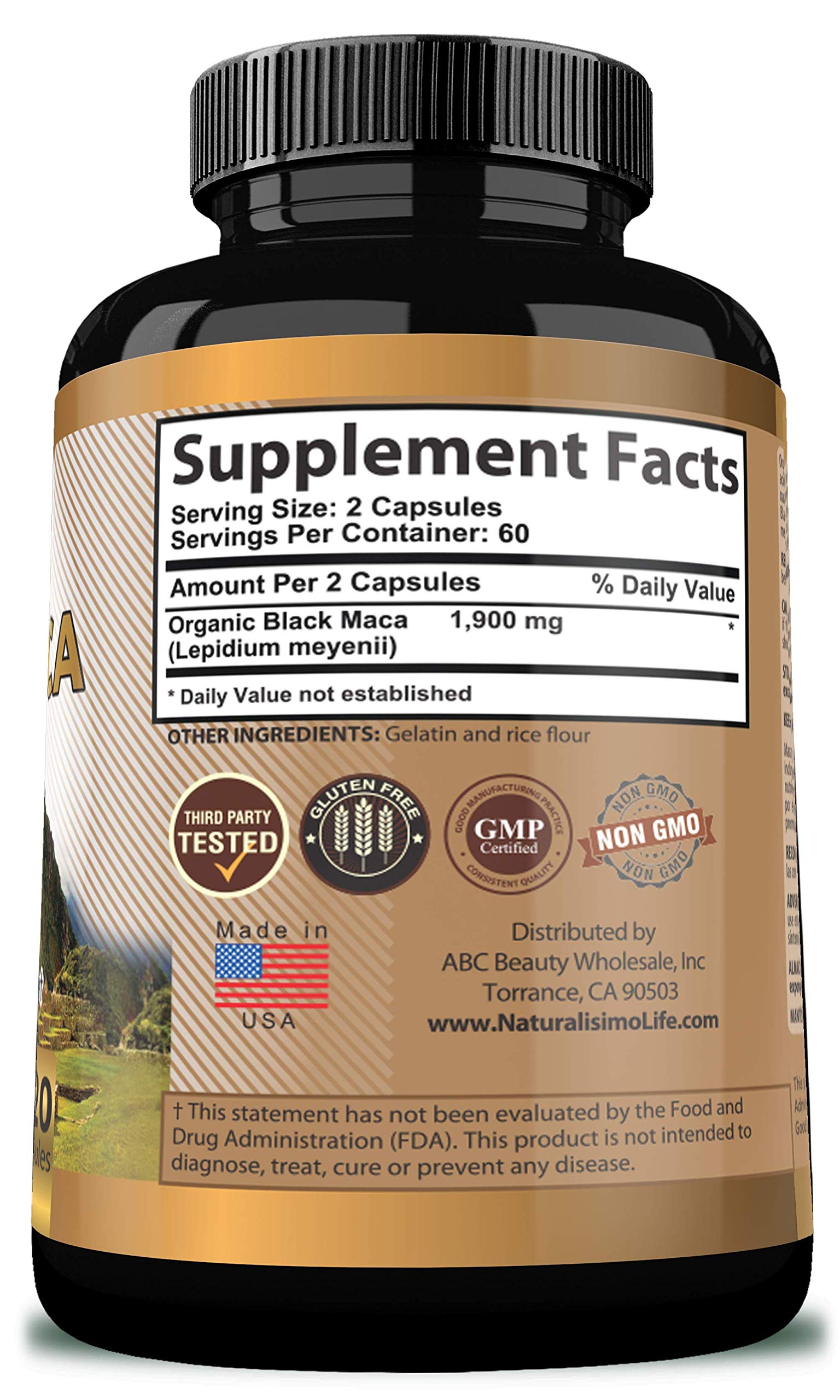 Organic Black Maca 1,900 mg per serving Natural Energy Booster Peruvian Maca for men & women 120 capsules
