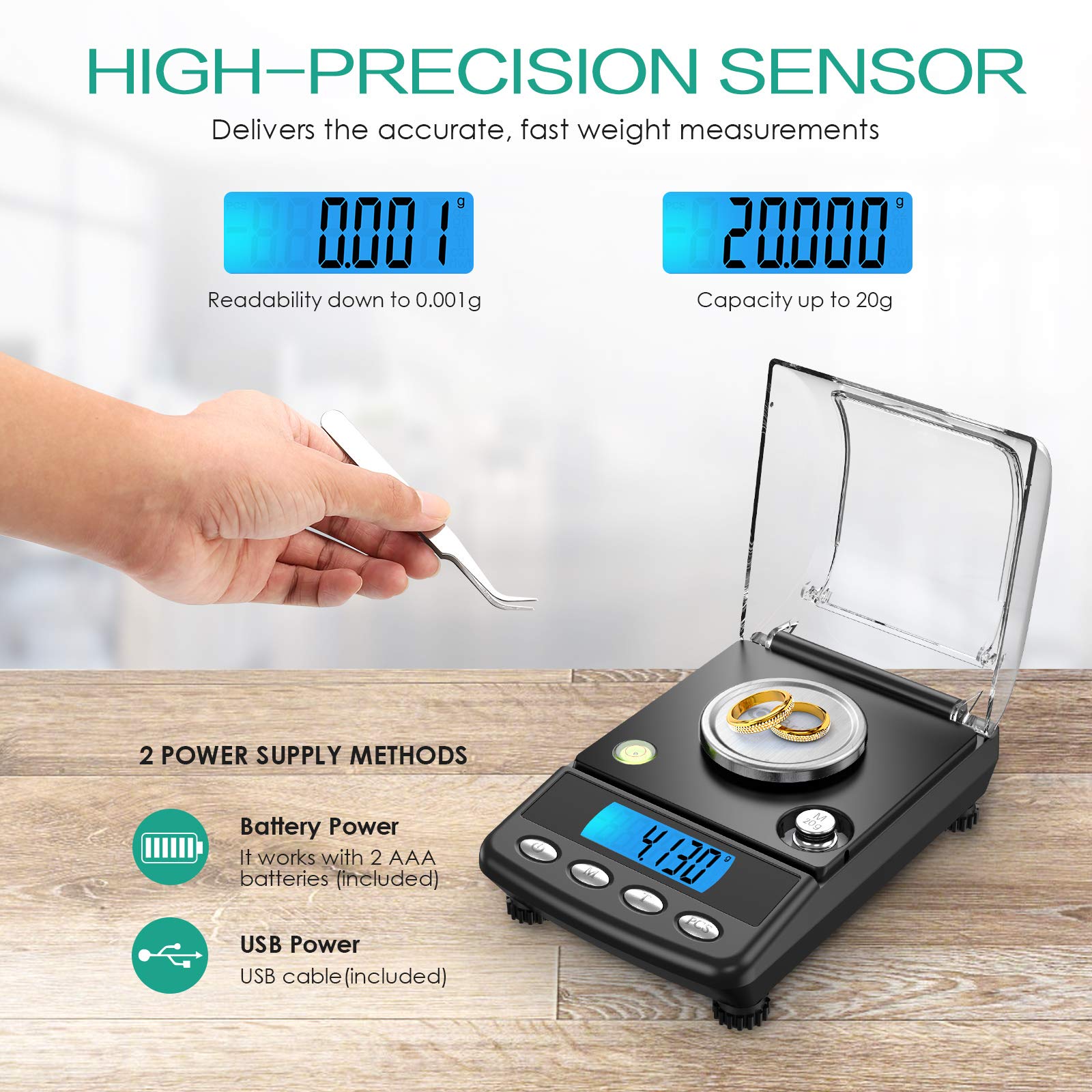 ORIA Digital Pocket Scale, Digital Milligram Scale, 0.001g/ 20g Mini Jewelry Weigh Scales with Calibration Weights Tweezers, Weighing Pans, LCD Display, USB Charging Cable for Kitchen, Office