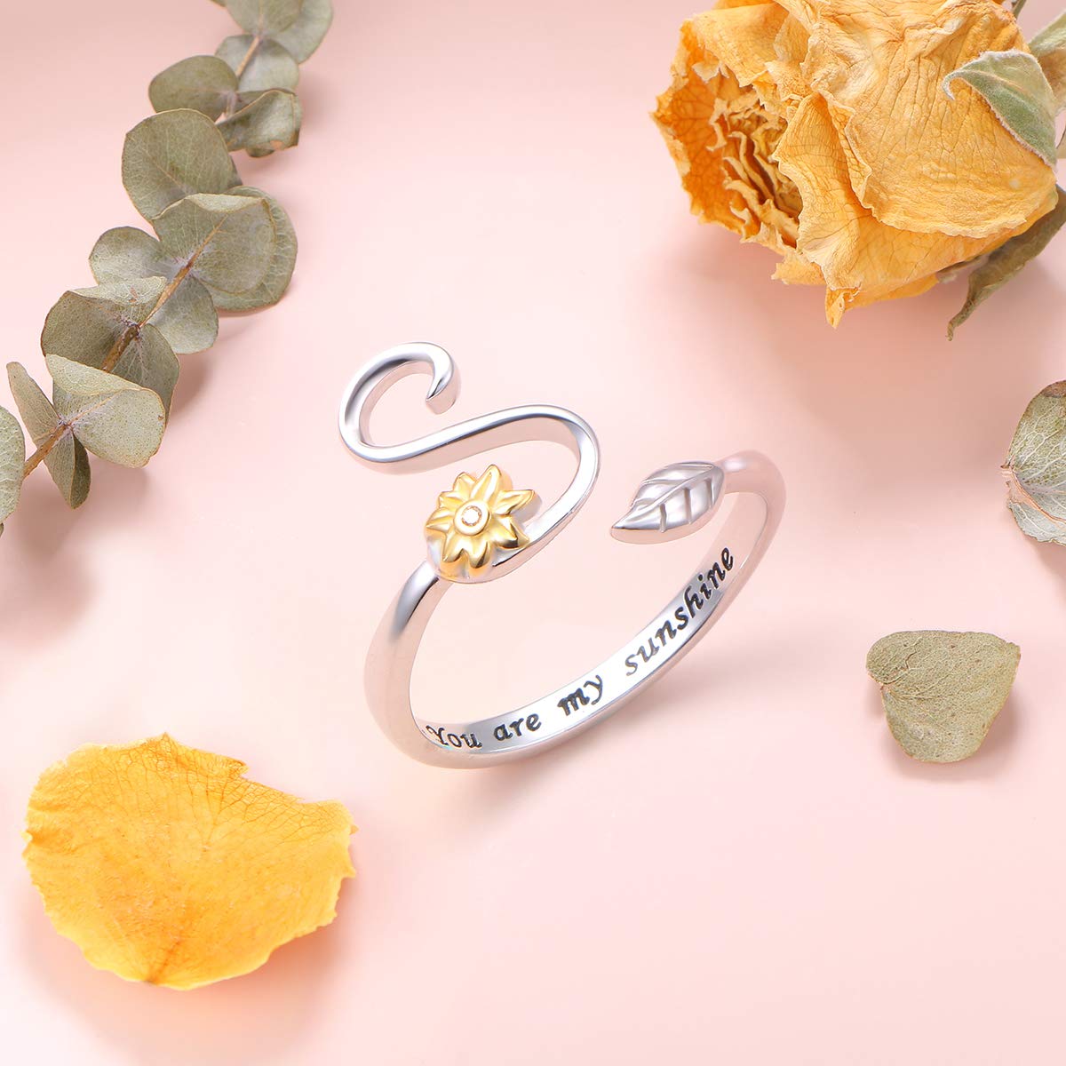 Sterling Silver Gold Tone Sunflower Initial 26 Letter Script Name Alphabet A Resizable Ring for Size 5-9