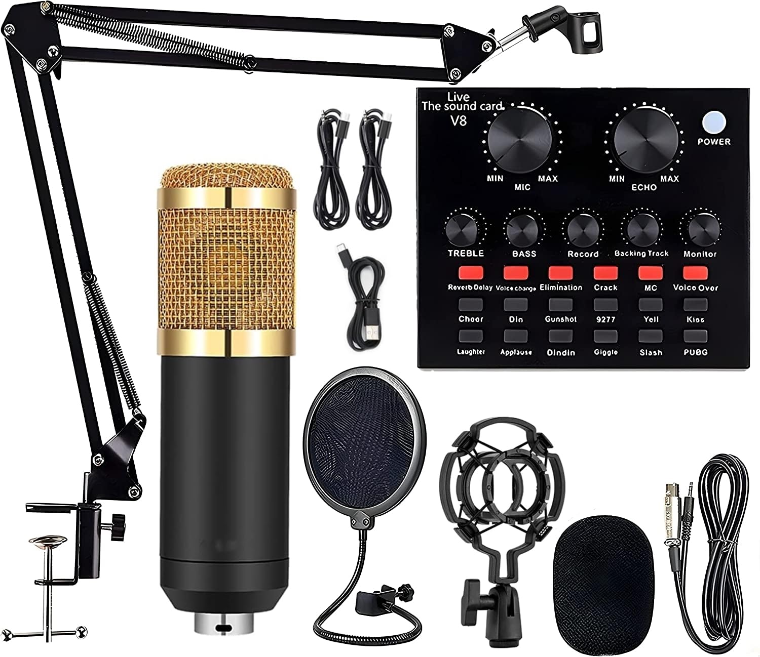 SKYJUNS Podcast Equipment Bundle, BM-800 Podcast Microphone bundle with LIve Sound Card, XLR, Studio Microphone for Laptop Computer Vlog Live Streaming (V8- Gold)