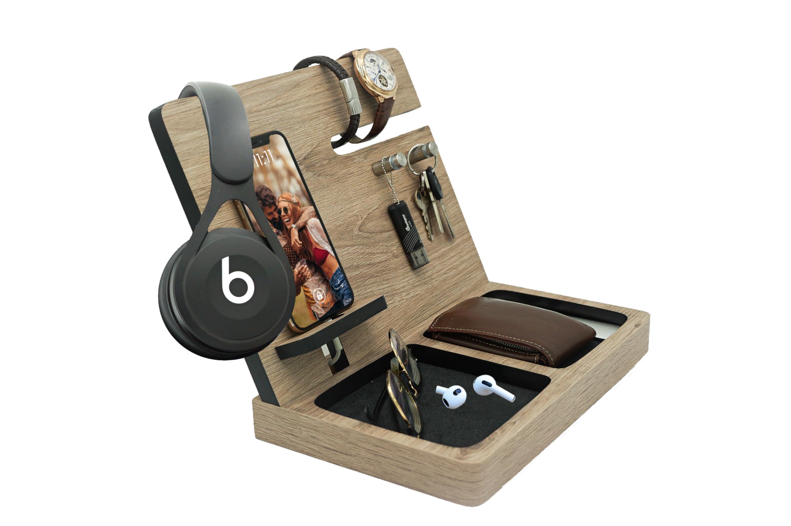 Namore | Gift for Men Husband, Anniversary, Birthday | Wood Phone Docking Station | Ideal as Office and Nightstand Organizer | Organize your Watch, Wallet, Cellphone, Keys, Airpods