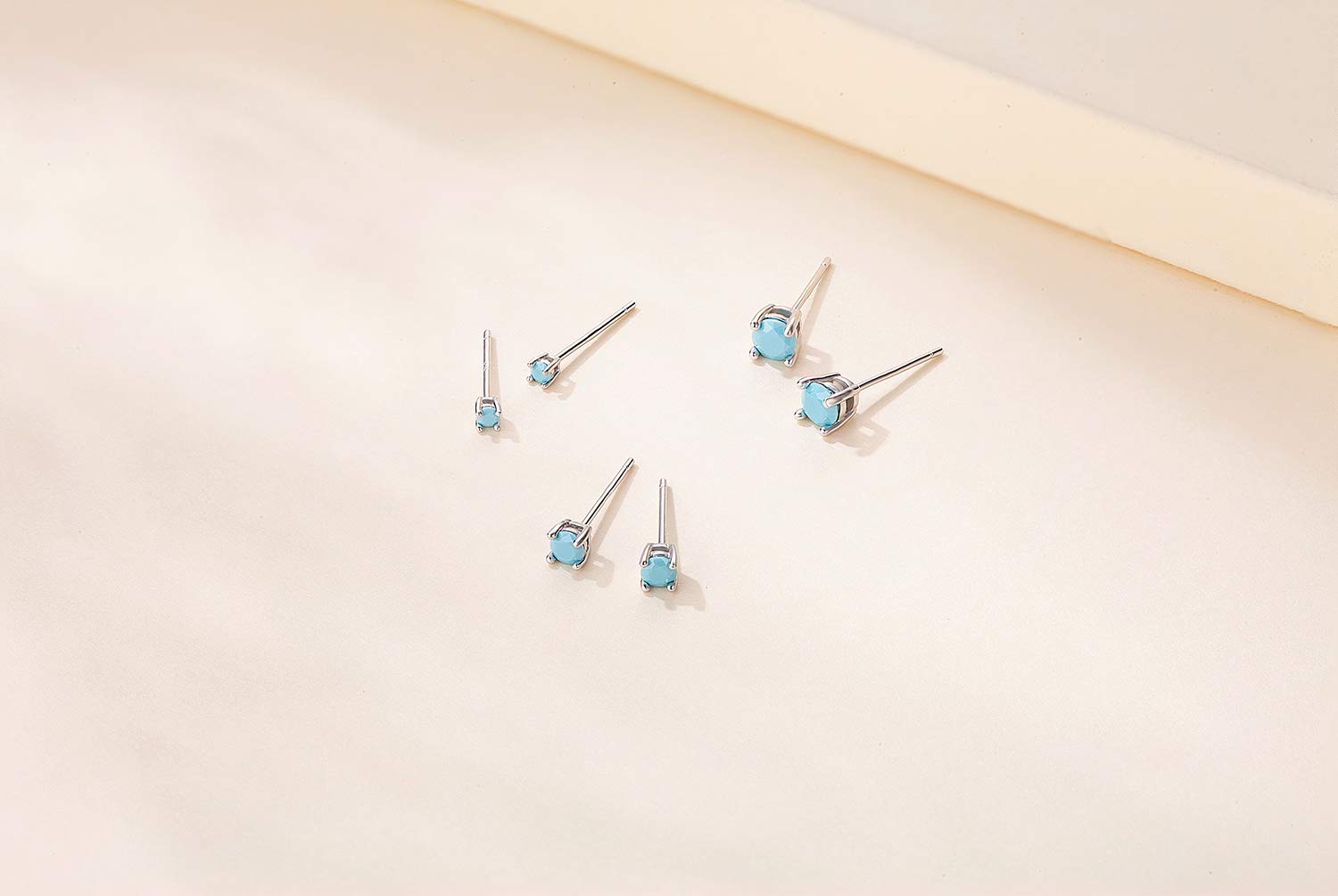 Sterling Silver Stud Earrings for Men Women- Hypoallergenic Tiny Turquoise Stud Earring Set White Gold Plated Round Prong-Set Birthstone Small Earrings(2mm/3mm/4mm)