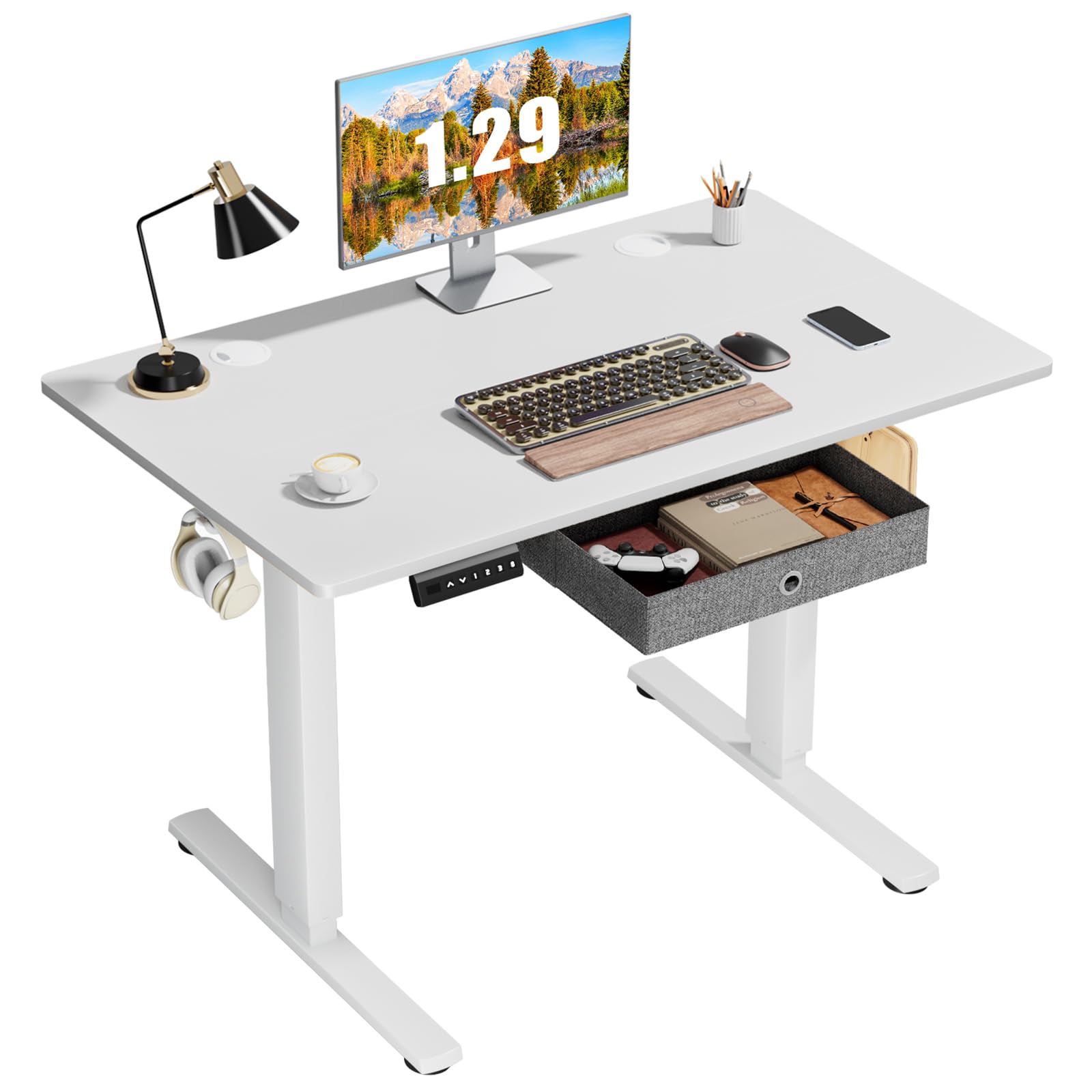 NEWBULIG Electric Height Adjustable Sit Stand Home Office Computer Desks with Drawer, 40 Inch, White Top and Frame
