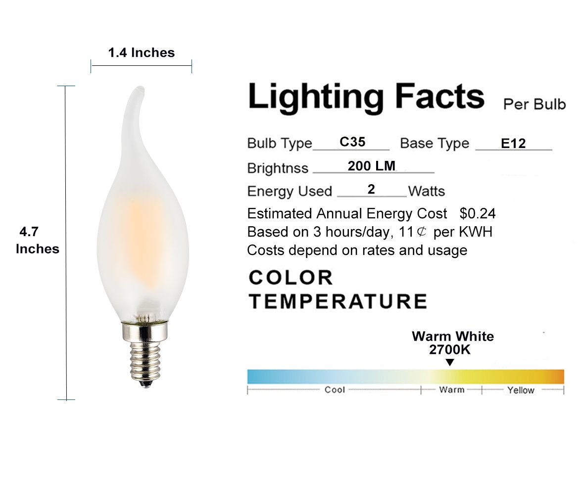 OPALRAY C35 2W(25W Incandescent Equivalent) LED Candelabra Bulb, Dimmable, LED Filament Lamp, Warm White Light 2700K, Frosted Glass Cover, E12 Small Base, Flame Tip, 5-Pack