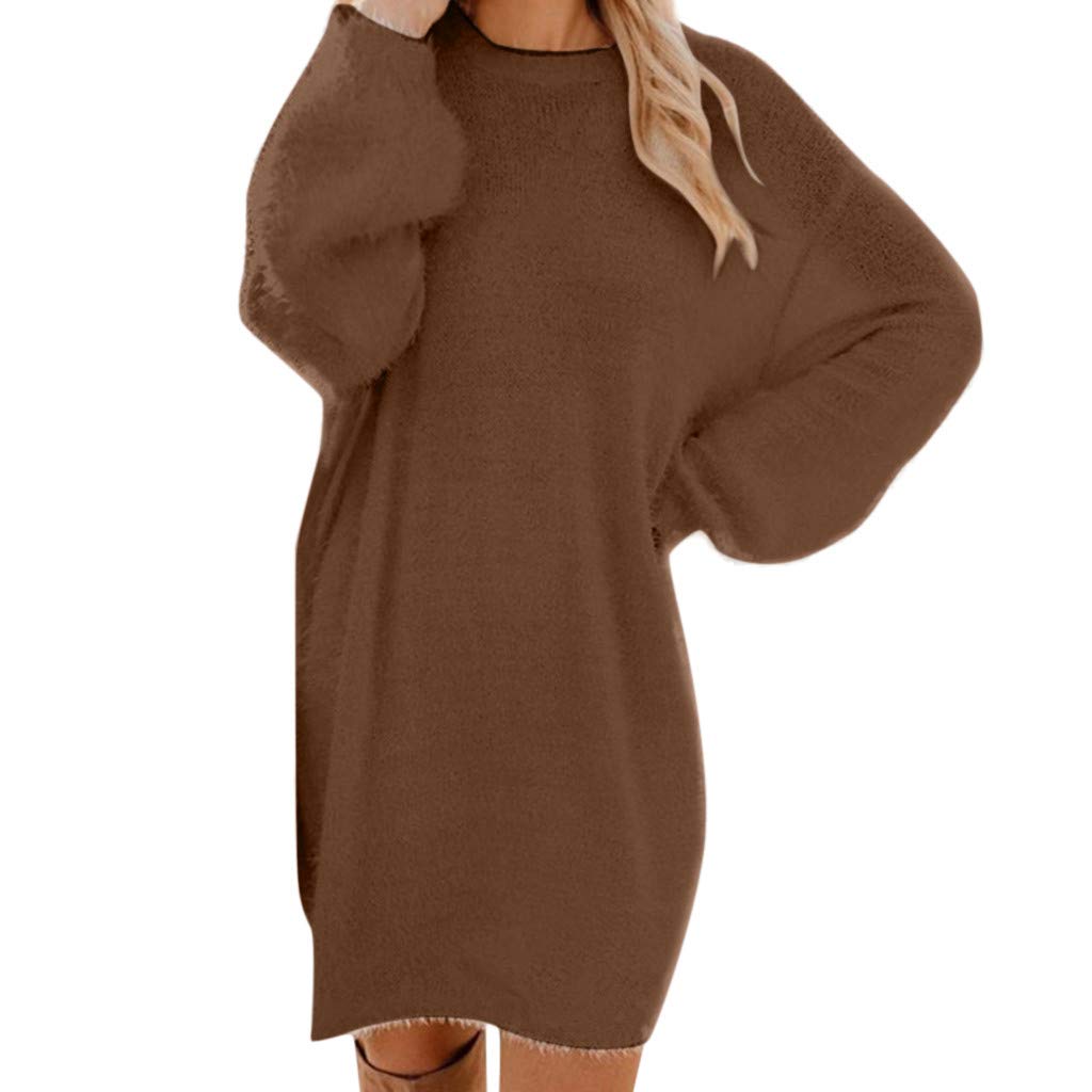 Women Plush Sweater Dress Solid Round Neck Long Sleeve Shift Loose Sweatshirt Dress Outerwear Brown