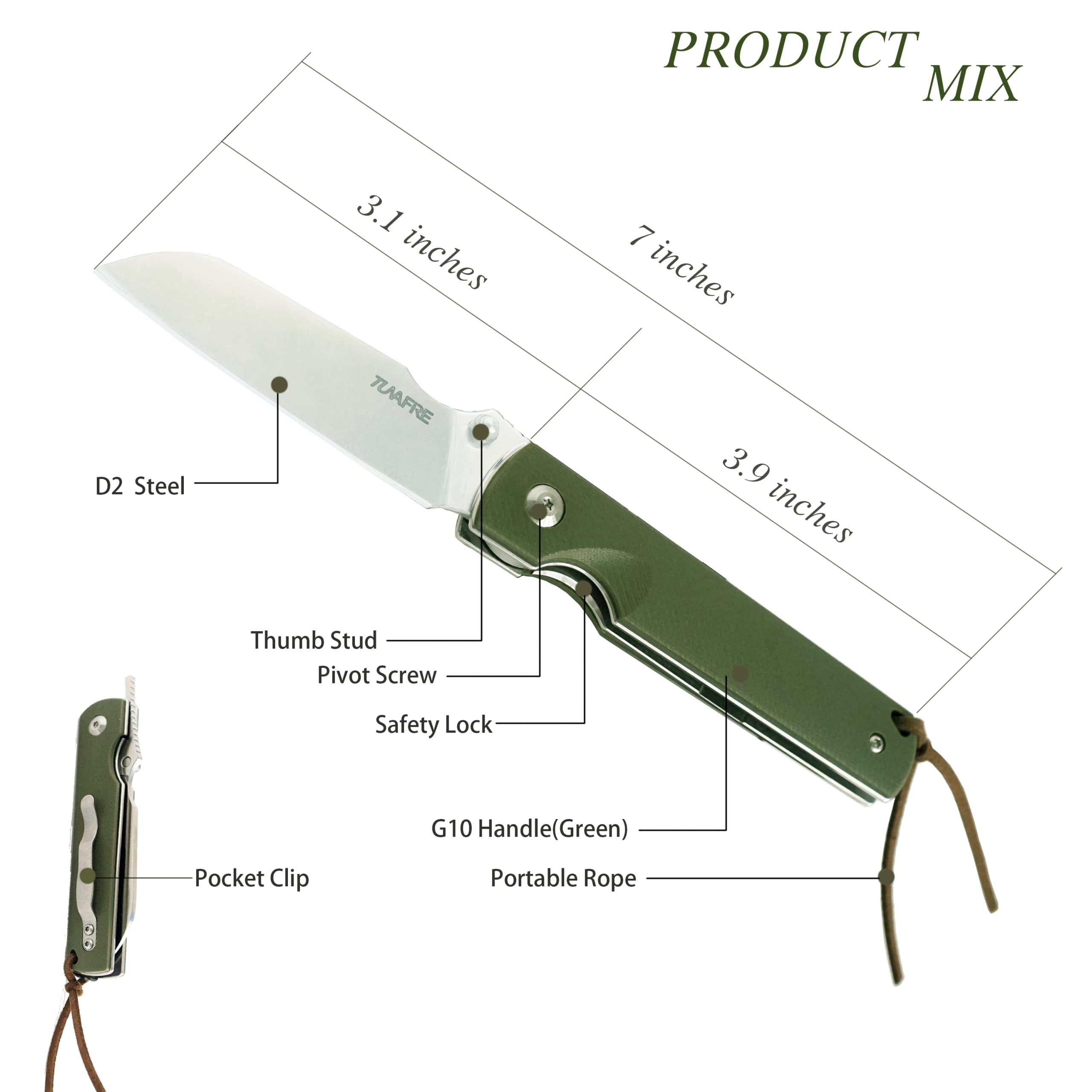 Tunafire Folding Pocket Knife,3 Inch D2 Blade G10 Handle with Thumb Stud Opener-Everyday Carry,Outdoor Use