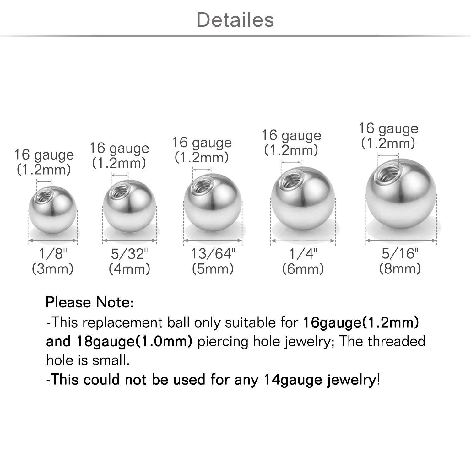 QWALIT 16gauge Stainless Steel Replacement Balls for Lip Studs Labret Earrings Septum Rings Externally Threaded Plastic Balls 3mm - 8mm
