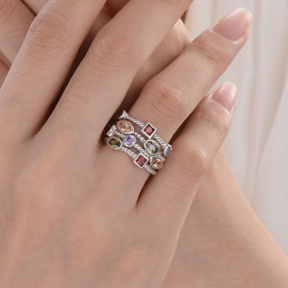 ZJQZBSS 925 Sterling Silver Shiny Full Diamond Cross Ring Colorful Geometric Gem Ring Cubic Zirconia Ring CZ Diamond Multi-Row Ring Eternal Engagement Wedding Ring Women's Jewelry Gift (Size 10)