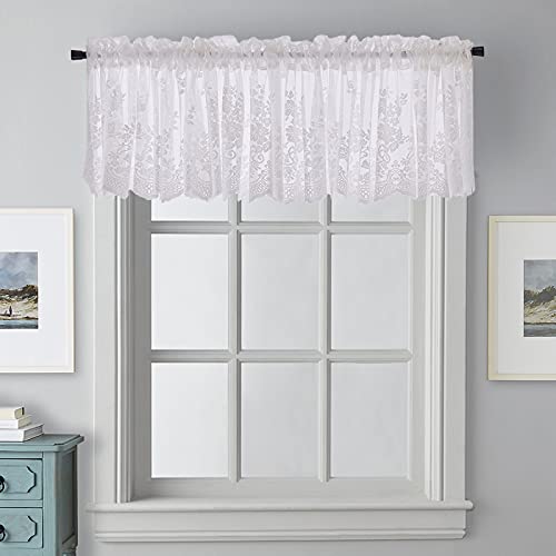 Popuid Seim Sheer Kitchen Cafe Window Curtains Valance Lace Floral Embroidered Curtain Topper for Small Windows Decor (White, 1 Piece-54W*24H)