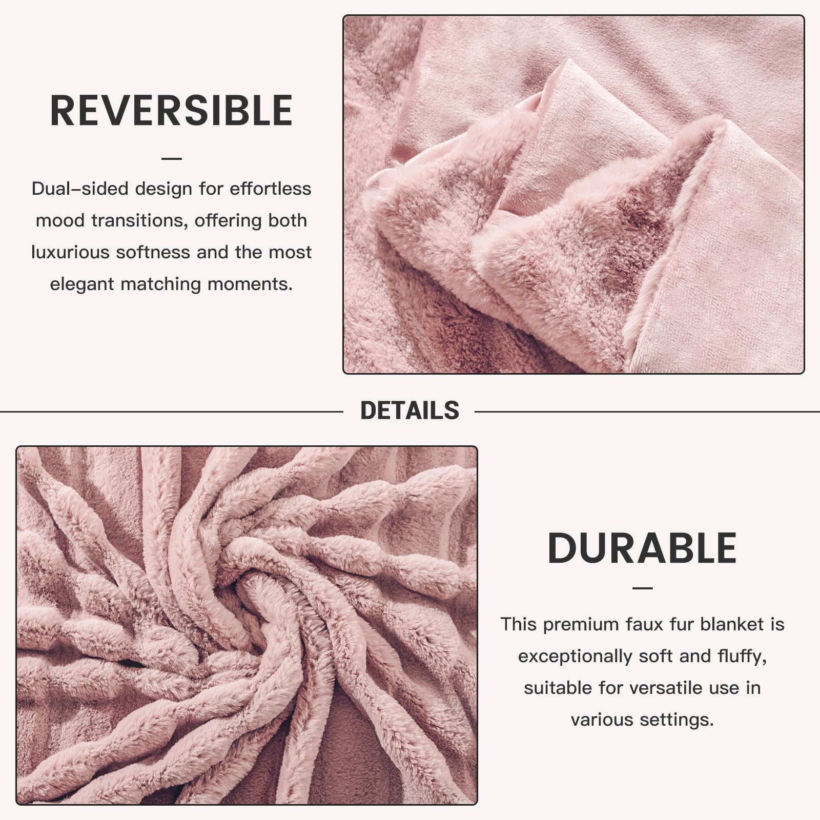 NEXHOME PRO Faux Fur Throw Blanket Pink, Luxury Soft Decorative Cozy Plush Long Shaggy Fluffy Blanket for Sofa Couch Bed Living Room, Reversible Puffy Thick Warm Blanket for Winter, 50"X60"