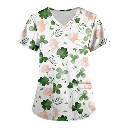Women's Plus Size Scrub Tops Floral Printed Turtle Neck Short Sleeve T-Shirts Soft Oversized Shirts for Women Pink
