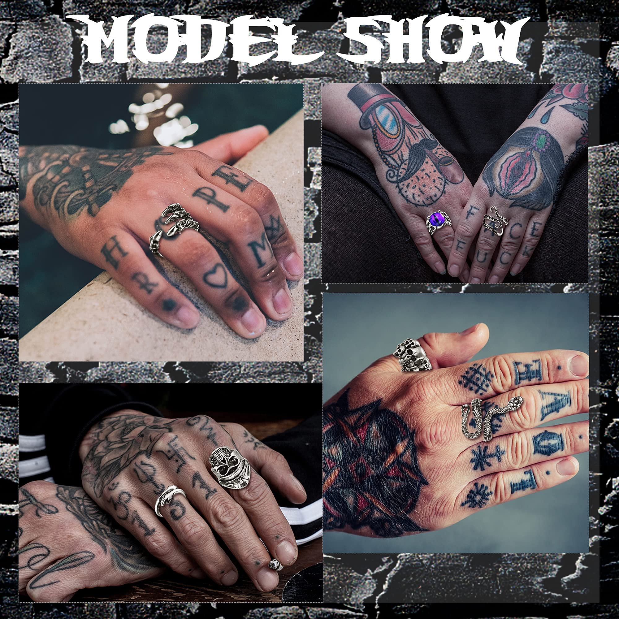 Subiceto 15 Pieces Vintage Punk Rings Adjustable Gothic Rings for Women Men Frog Octopus Snake Skull Claw Cool Rings Set Jewelry