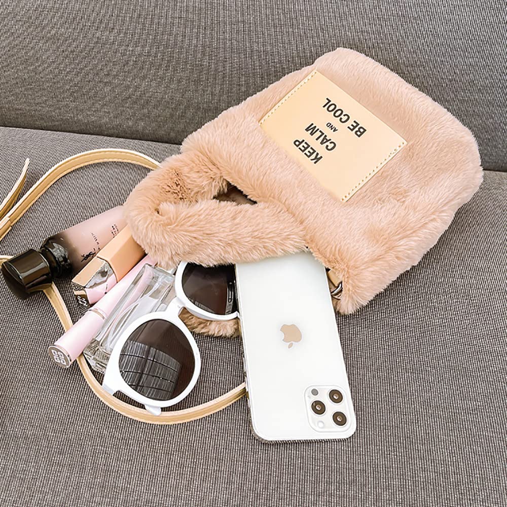 Women's Plush Handbag Long Strap Furry Crossbodybag Large Cute Y2K Fluffy Purse Khaki