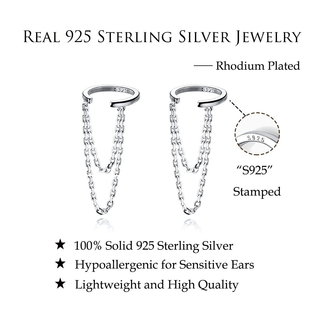 Reffeer Solid 925 Sterling Silver Cuff Earrings Chain for Women Cartilage Wrap Earrings Helix Cuffs (A-Silver)