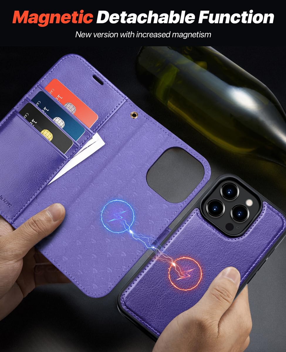 OCASE for iPhone 15 Pro Detachable Wallet Case with Card Holder, [2 in 1] PU Leather Flip Folio Case with RFID Blocking Magnetic Stand Removable Shockproof Phone Cover 6.1 Inch, Purple