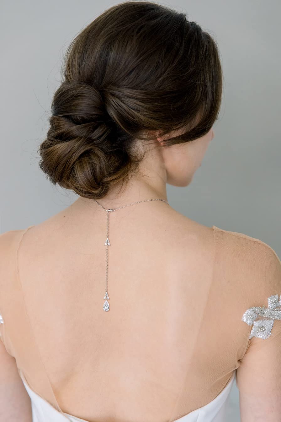 SWEETV Teardrop Wedding Backdrop Necklace for Bride Bridesmaids, Cubic Zirconia Crystal Back Pendant Bridal Necklace for Party Wedding