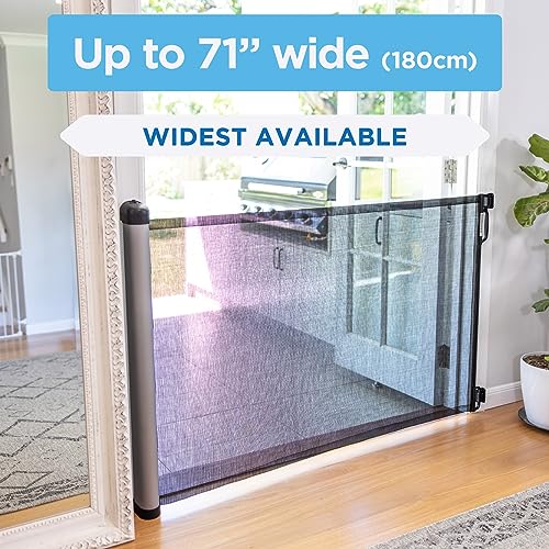 Perma Child Safety Indoor/Outdoor Deluxe Aluminum Retractable Baby Gate 39" Tall Extends to 71" Wide, Black w/Aluminum Casing