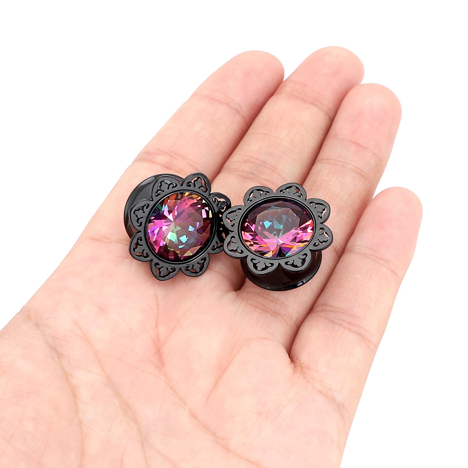 Qmcandy 2pcs 0g-1" Stainless Steel Lotus Edge Crystal Ear Gauges Piercing 0g