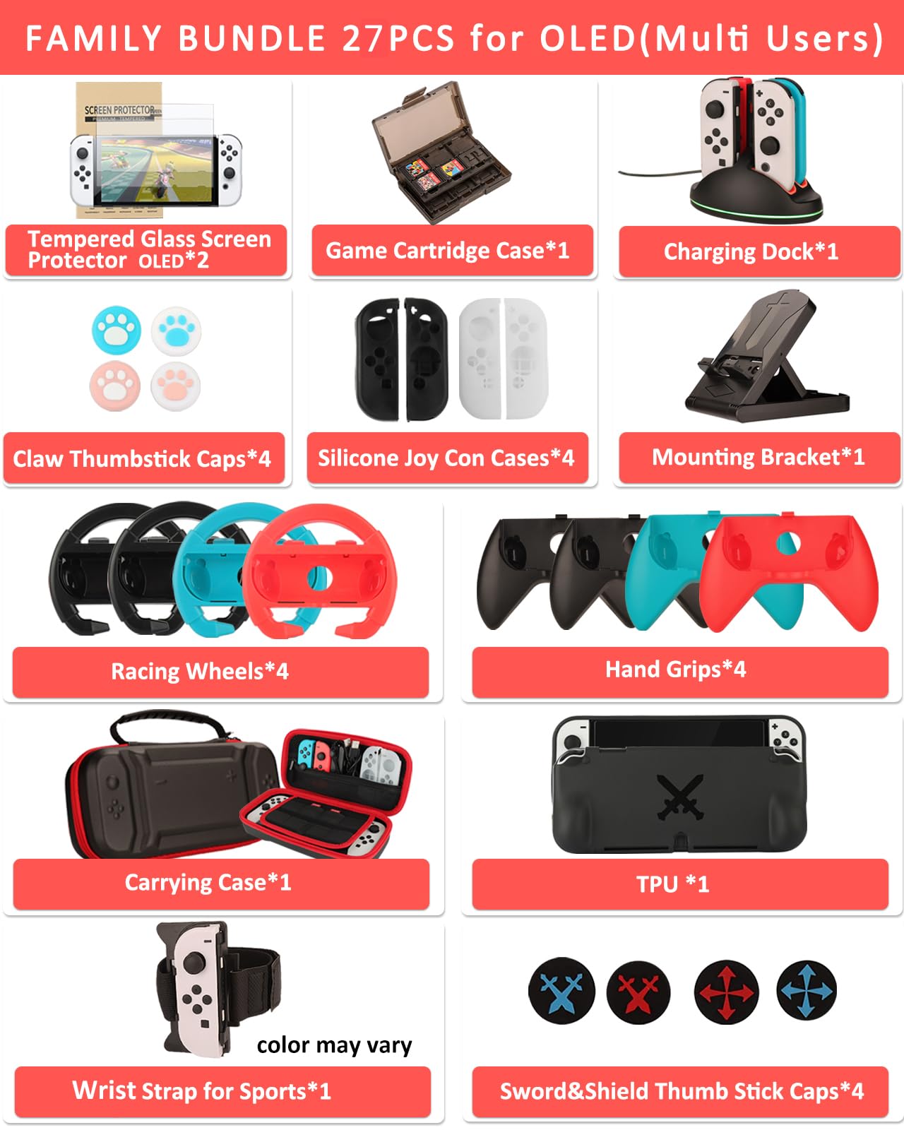 Switch Accessories OLED - Family Bundle Kit for Nintendo Switch OLED Console Users,28 in 1 Case and Screen Protector,Chargers Joy Con Grips Wheels and All Fun Accessories