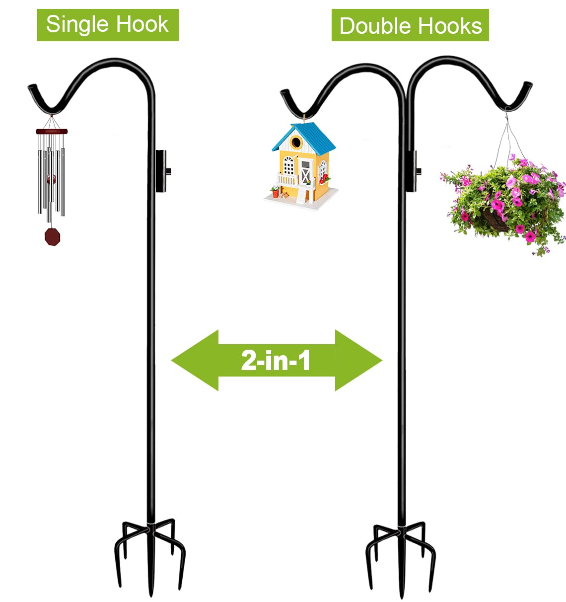 Tuohours 92 Inch Double Shepherd Hook Stand for Outdoor Birdfeeder, Adjustable Two Sided Garden Bird Feeder Pole Holder for Birdhouse Planter Solar Light Lantern, Black, 1 Pack
